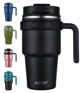 aloufea 20 oz insulated coffee mug tumbler with handle, stainless steel travel mug tumbler with lid and straw,double wall vacuum leak proof ice coffee thermal cup, black