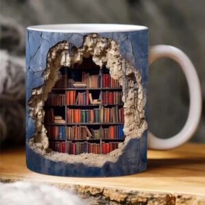 3d bookshelf mug - a library shelf cup, library bookshelf mug, book lovers coffee mug, creative space design multi-purpose ceramic mug, cool gifts for readers bookish 3d white mug (a)