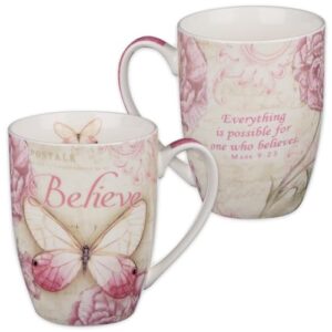 christian art gifts botanic pink butterfly ceramic coffee mug – inspirational coffee cup for women & men 12 oz. lead-free microwave and dishwasher safe coffee mug with bible verse: believe - mark 9:23