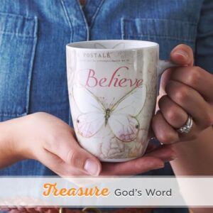 Christian Art Gifts Botanic Pink Butterfly Ceramic Coffee Mug – Inspirational Coffee Cup for Women & Men 12 oz. Lead-free Microwave and Dishwasher Safe Coffee Mug with Bible Verse: Believe - Mark 9:23