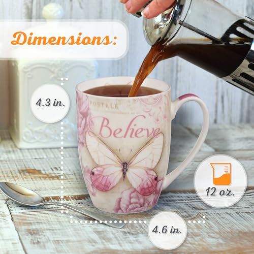 Christian Art Gifts Botanic Pink Butterfly Ceramic Coffee Mug – Inspirational Coffee Cup for Women & Men 12 oz. Lead-free Microwave and Dishwasher Safe Coffee Mug with Bible Verse: Believe - Mark 9:23