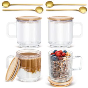 luckjoy set of 4 glass coffee mugs with bamboo lids and spoons, 12oz vintage ribbed glassware for latte, tea, cappuccino, cute coffee bar accessories clear glass coffee cups for hot/cold beverages