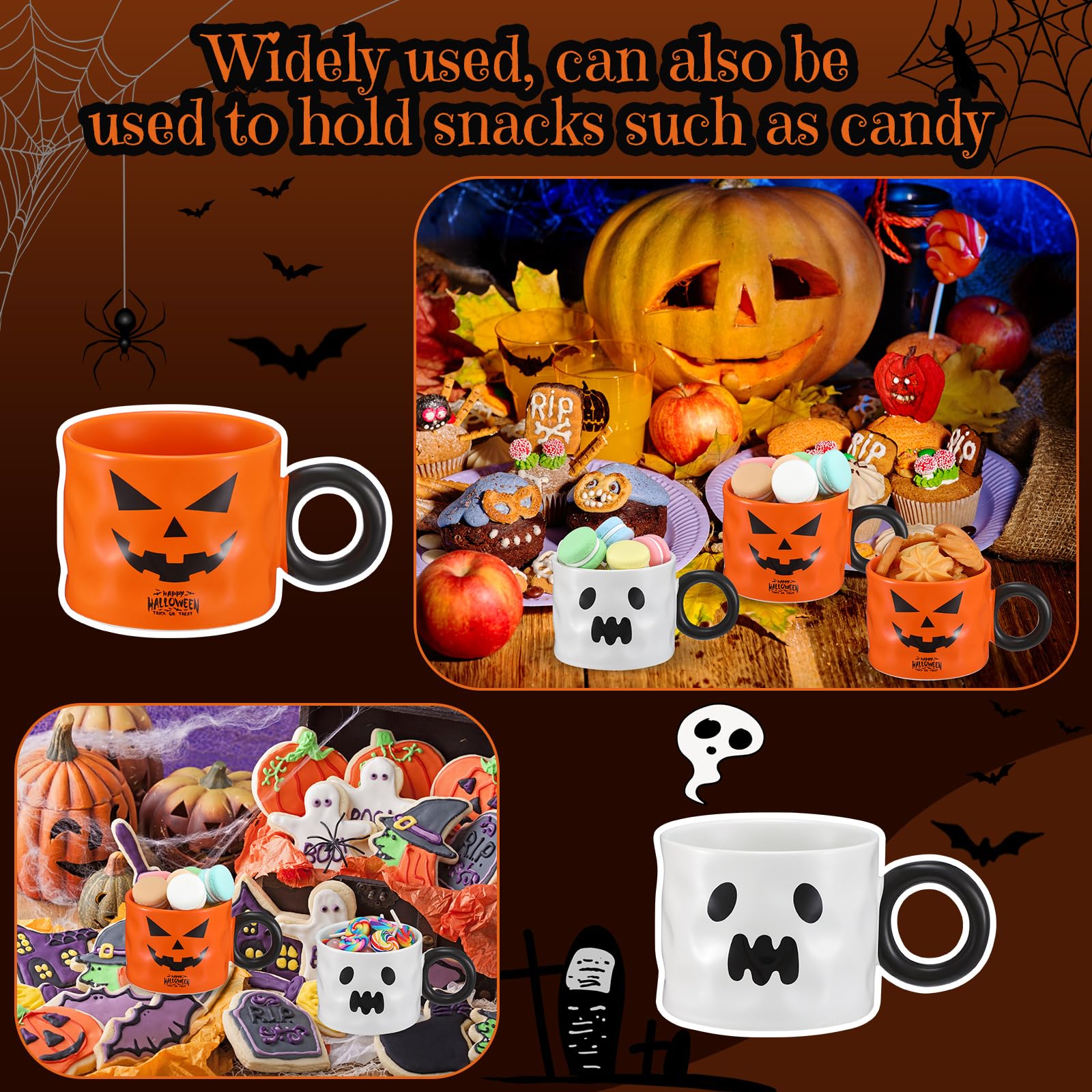 Zhehao 4 Pieces Halloween Mugs 15oz Mug Set Halloween Coffee Mugs with Handle Halloween Ceramic Matching Mugs for Home School Office Table Centerpieces Housewarming Holiday Party Gift (Cute Style)