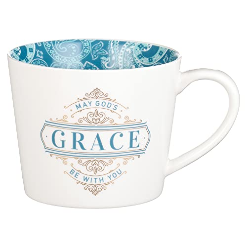 Christian Art Gifts Coffee Mug w/Scripture for Women, God's Grace - Lead-Free, Cadmium-Free, and Non-Toxic White Ceramic Cup and Teal Paisley, 13 oz, 1 Count