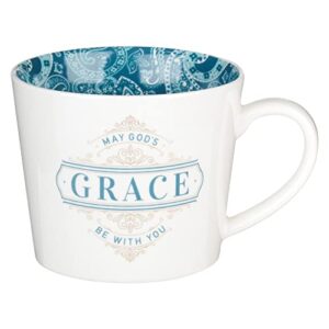 christian art gifts coffee mug w/scripture for women, god's grace - lead-free, cadmium-free, and non-toxic white ceramic cup and teal paisley, 13 oz, 1 count