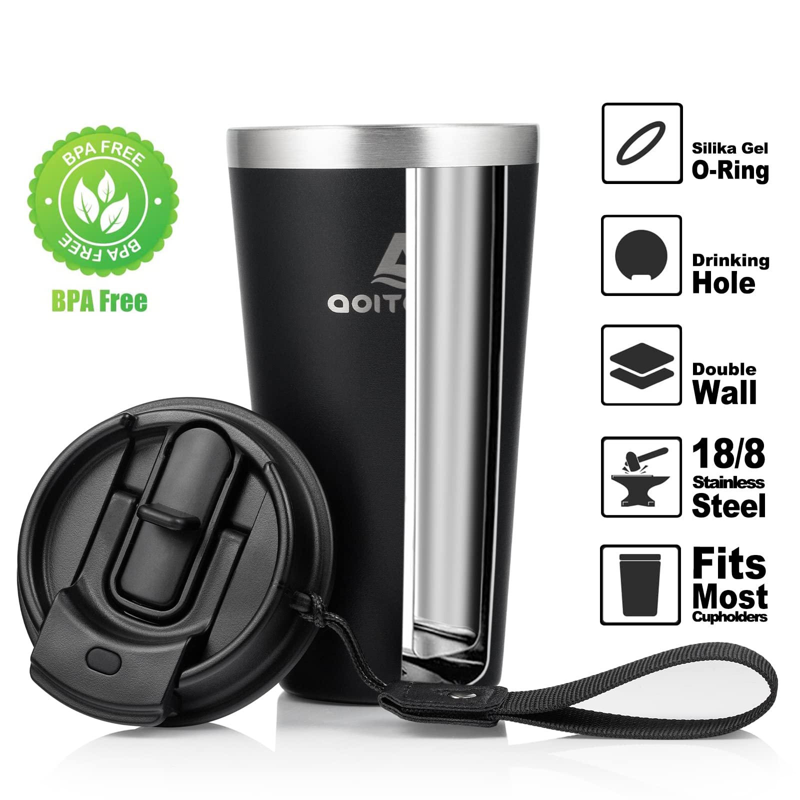 Aoitoque 16oz Tumbler with 2-in-1 Straw Lid, Insulated Leak Proof Double Walled Stainless Steel Coffee Travel Mug - Keeps Cold for 24 Hours or Hot for 10 Hours