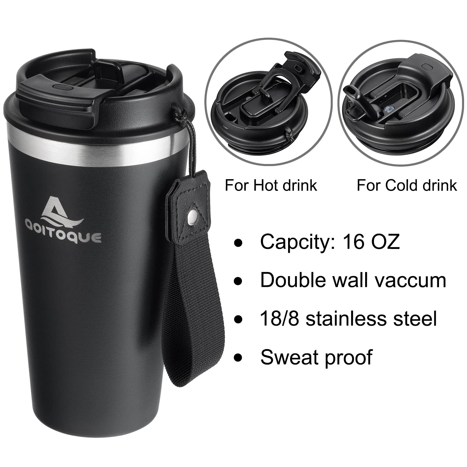 Aoitoque 16oz Tumbler with 2-in-1 Straw Lid, Insulated Leak Proof Double Walled Stainless Steel Coffee Travel Mug - Keeps Cold for 24 Hours or Hot for 10 Hours