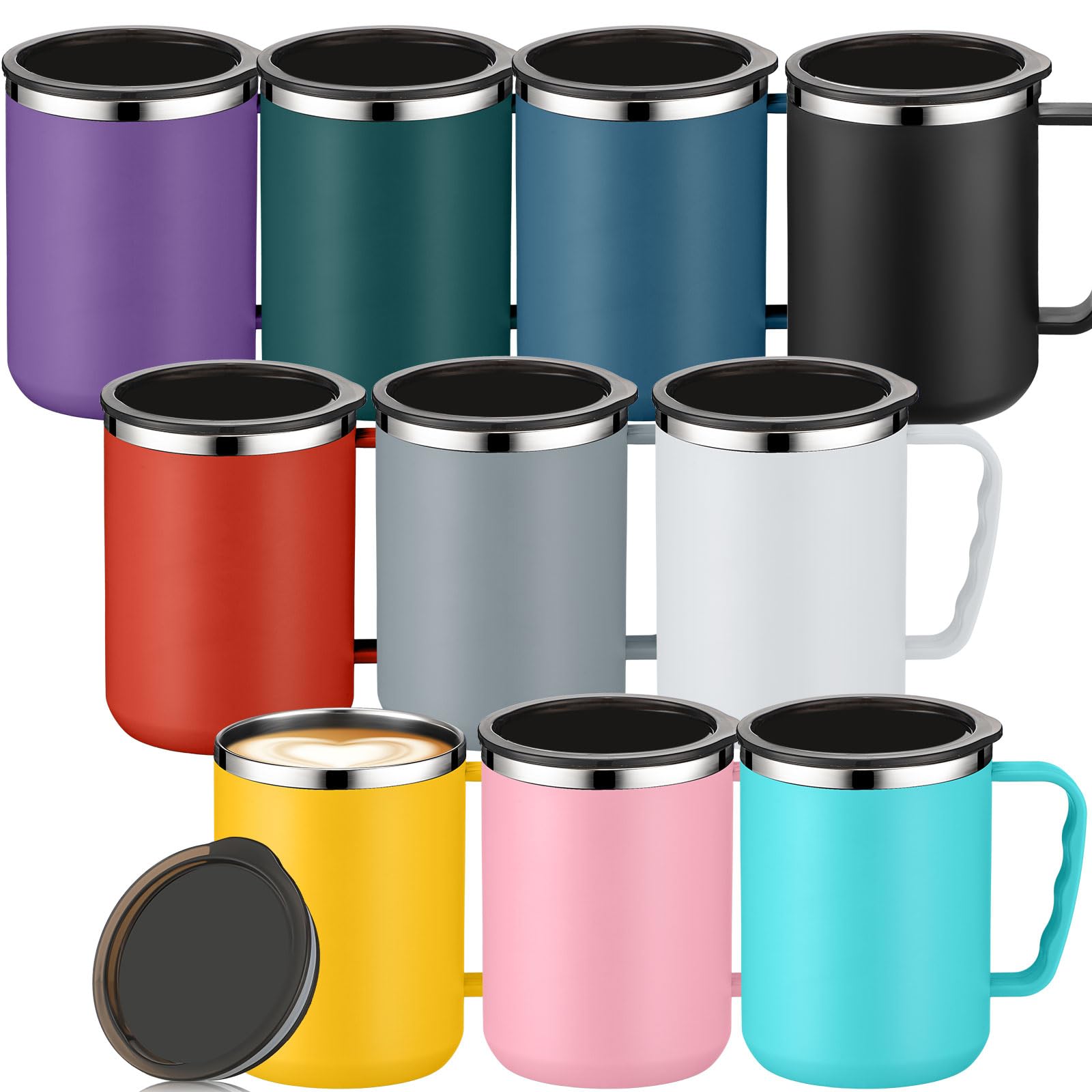 Roshtia 10 Pcs Coffee Travel Mug Vacuum Reusable Insulated Coffee Mug with Lid and Handle 17 oz Camping Insulated Cup Double Wall Stainless Steel Mug for Men Women Home Office Outdoors (Multicolor)