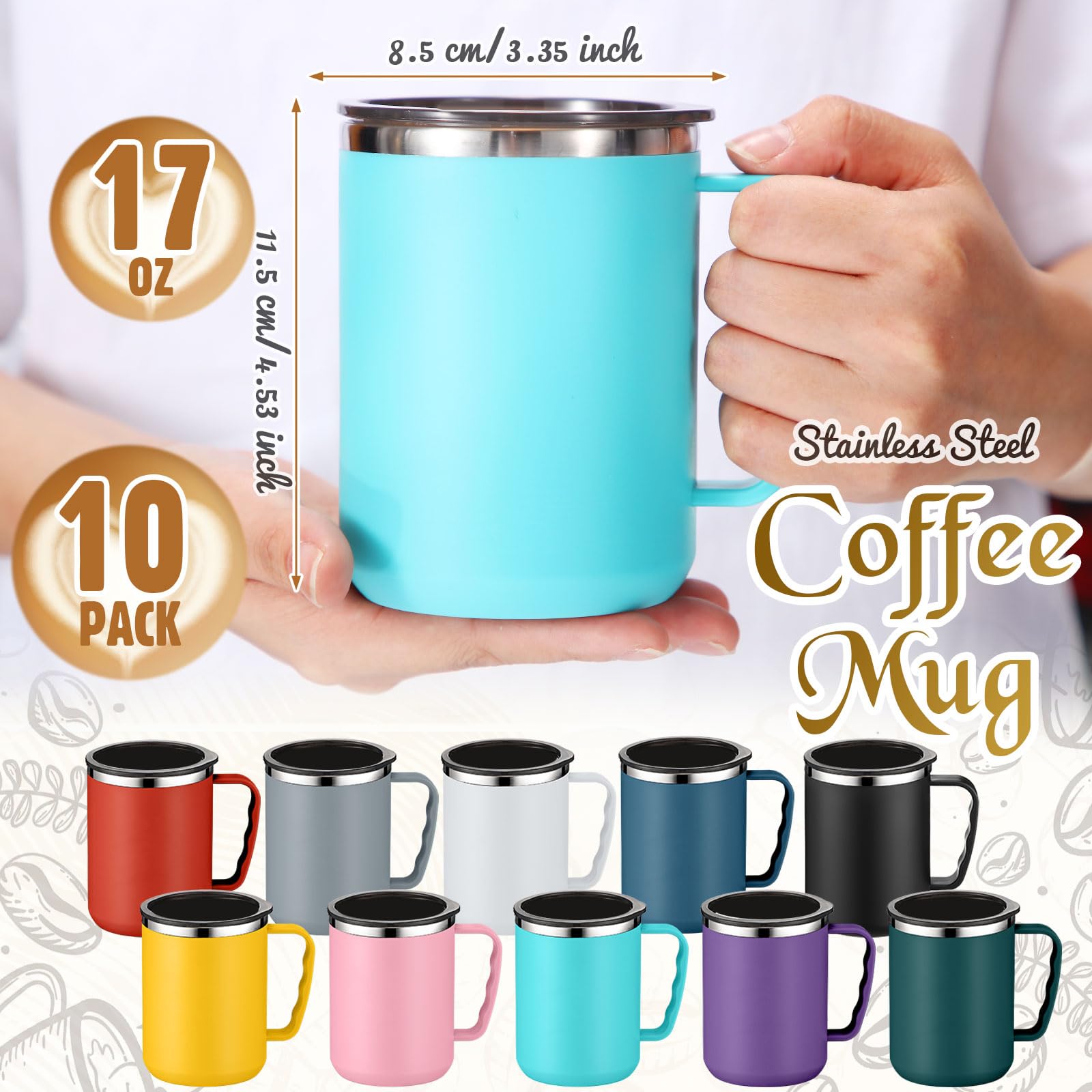 Roshtia 10 Pcs Coffee Travel Mug Vacuum Reusable Insulated Coffee Mug with Lid and Handle 17 oz Camping Insulated Cup Double Wall Stainless Steel Mug for Men Women Home Office Outdoors (Multicolor)