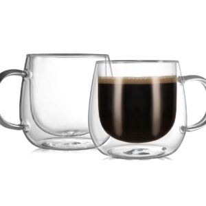 CNGLASS Double Walled Glass Coffee Mugs 10oz,Large Insulated Espresso Cups,Set of 2 Clear Glasses Cappuccino Mug with Handle(Tea Latte Glassware)