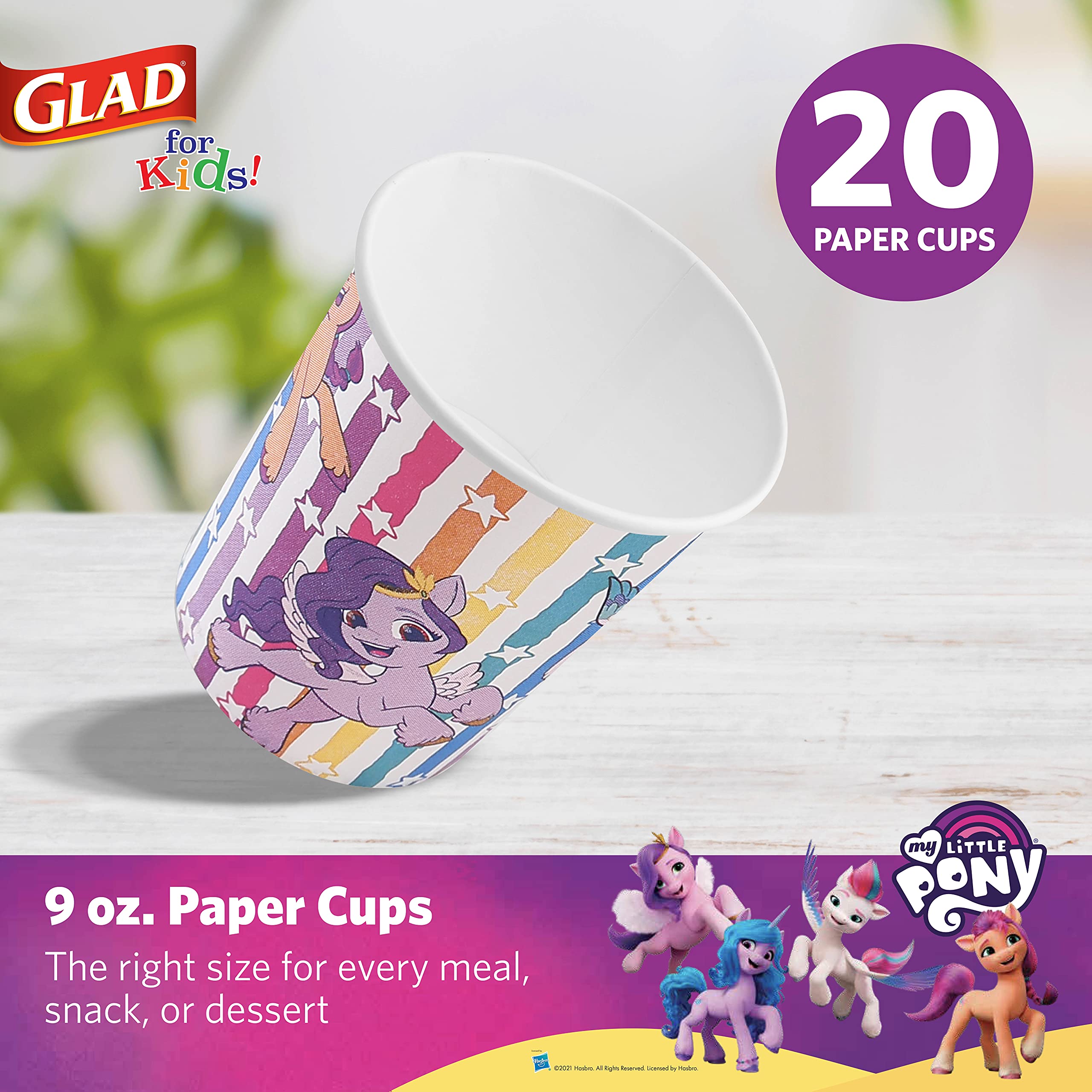 Glad for Kids My Little Pony Paper Cups | My Little Pony Cups with Stripes, Kids Drinking Cups | My Little Pony Unicorn Paper Cups for Everyday Use, 9 oz Paper Cups 20 Ct