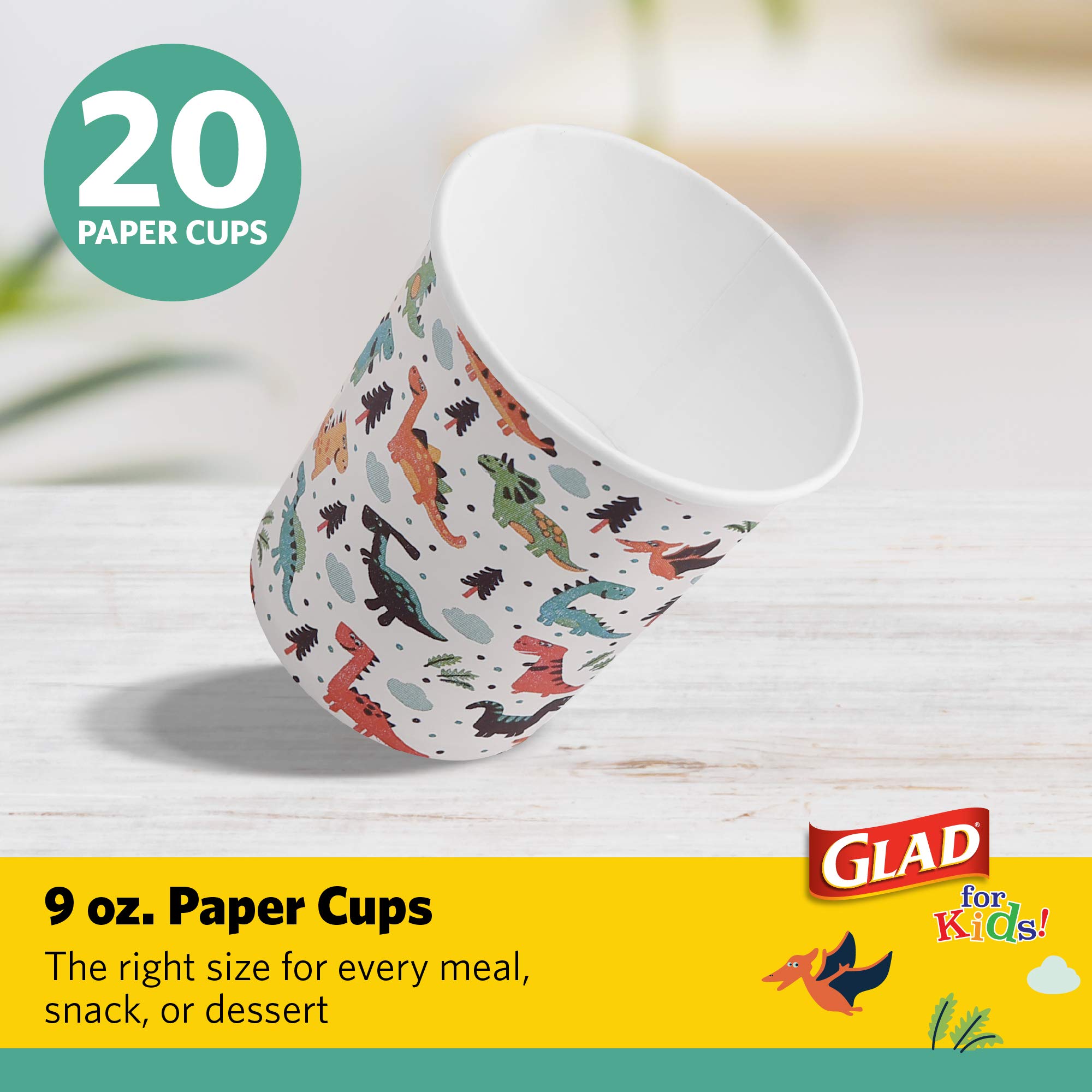 Glad for Kids Dinosaur Paper Cups|20 Count White Paper Cups with Dinosaur Design for Kids|Heavy Duty Disposable Paper Cups for Everyday, 9 Ounces, 20 Count|Dinosaur Birthday Supplies, Dinosaur Cups