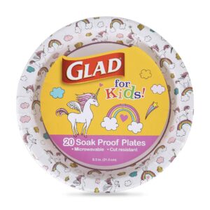 glad for kids unicorn paper plates - heavy duty disposable party plates, colorful design for birthday parties, zoo pals, kids paper plates bulk, pack of 20, 8.5 inch