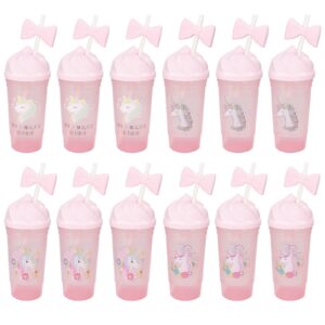 feoowv unicorn cups with lids and bowknot straws, plastic cup for iced water juice milk tea,pack of 12pcs (pink)