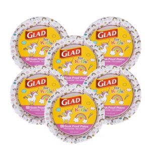 glad for kids unicorns paper plates | small round paper plates with cute unicorns design | heavy duty disposable soak proof microwavable paper plates for all occasions, 8.5 inch, 20 count (pack of 6)