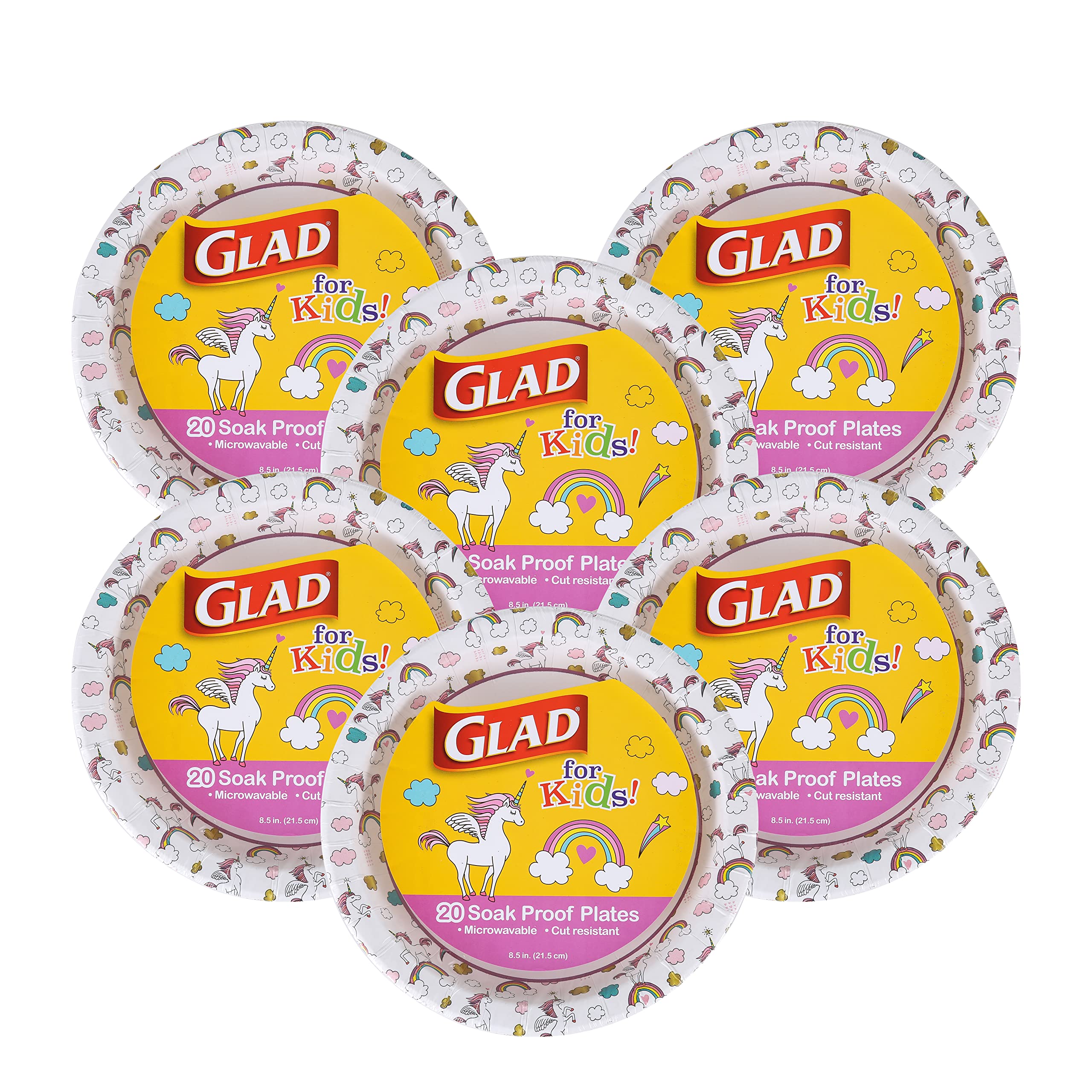 Glad for Kids Unicorns Paper Plates | Small Round Paper Plates with Cute Unicorns Design | Heavy Duty Disposable Soak Proof Microwavable Paper Plates for All Occasions, 8.5 Inch, 20 Count (Pack of 6)