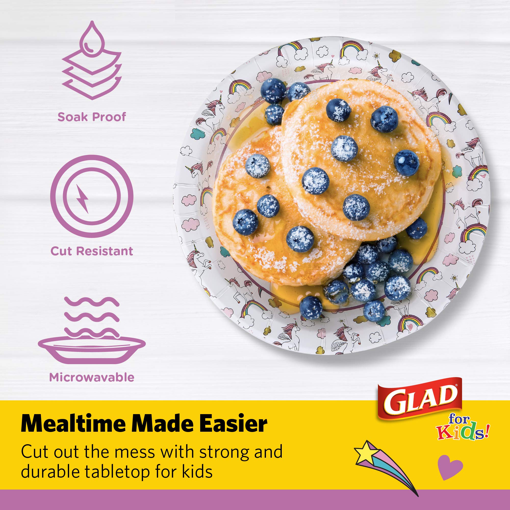 Glad for Kids Unicorns Paper Plates | Small Round Paper Plates with Cute Unicorns Design | Heavy Duty Disposable Soak Proof Microwavable Paper Plates for All Occasions, 8.5 Inch, 20 Count (Pack of 6)