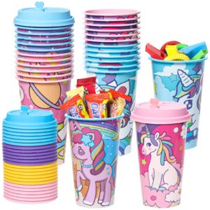 fzr legend unico party favors goodie cups, 24 pack birthday party cups in 4 colors, 16oz reusable rainbow plastic party supplies decorations cups with lids plugs for girls kids boys