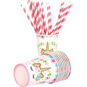 41pcs disposable unicorn themed party supplies decorations set for girls children birthday party baby shower,include 16pcs unicorn paper cups and 25pcs unicorn straw,serves 16 guests