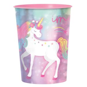 enchanted unicorn metallic plastic favor cup - 16 oz. (pack of 1) - sparkling clear party keepsake, perfect for kids' magical themed celebrations