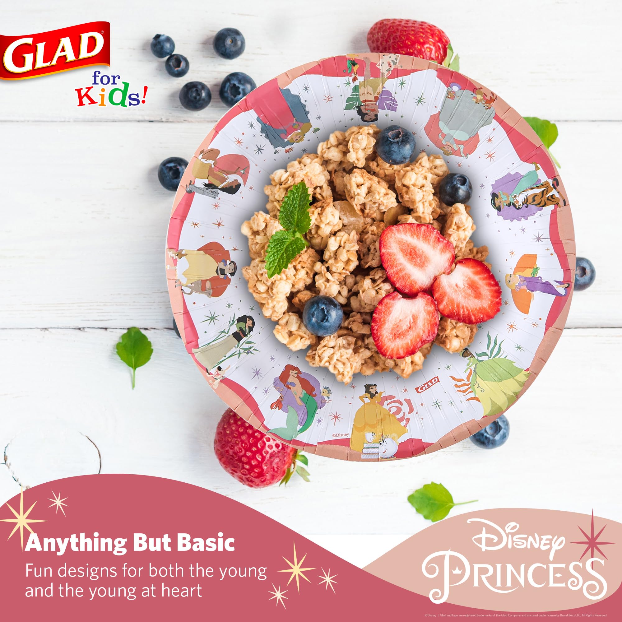 Glad for Kids Disney Princess 12oz Paper Snack Bowls - Magic is in All of Us - Durable, Soak Proof & Microwavable Disposable Bowls - 24ct bulk - Get the Matching Party Paper Plates & Party Cups