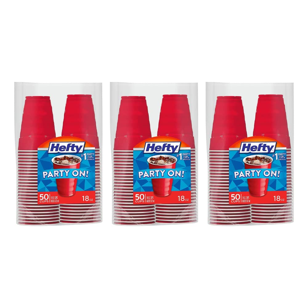 Hefty Party On Disposable Plastic Cups, Red, 18 Ounce, 50 Count (Pack of 3), 150 Total