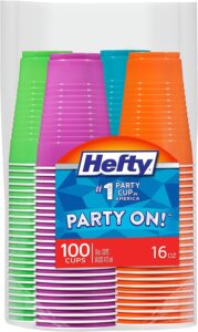 hefty party cup variety pack, disposable plastic party cups, easy grip & durable, assorted color cup variety pack, 16-ounce cups, 100 ct per pack (pack of 1)