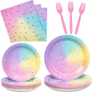 decorlife pastel plates and napkins party supplies serve 24, rainbow birthday plates and napkins, girls baby shower, birthday bbq, folks included, total 96pcs