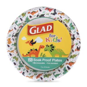 glad for kids dinosaur design disposable paper plates, 7-inch, soak proof & microwavable kid paper plates - perfect for kids birthday parties, dinosaur party supplies - 20 count party plates