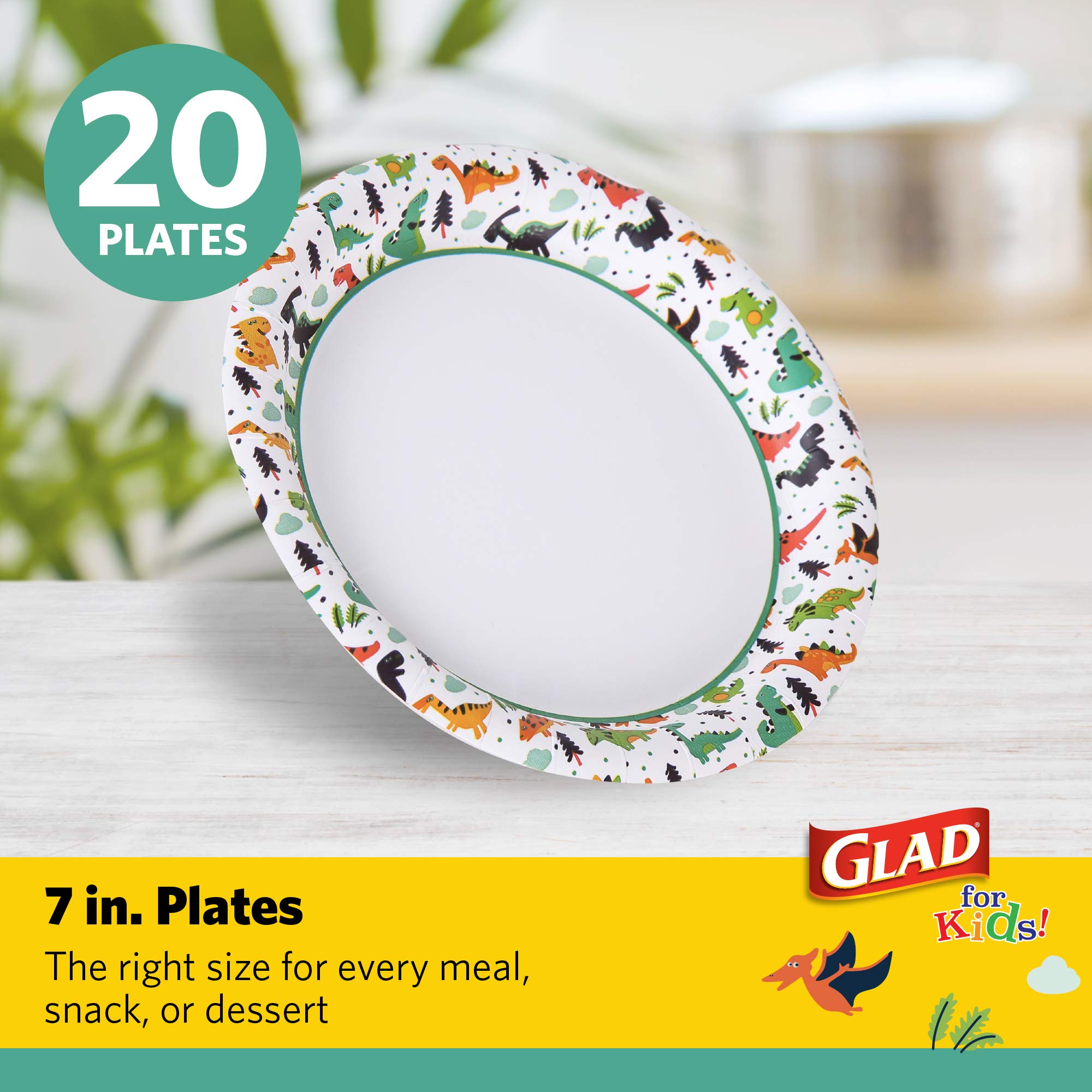 Glad for Kids Dinosaur Design Disposable Paper Plates, 7-Inch, Soak Proof & Microwavable Kid Paper Plates - Perfect for Kids Birthday Parties, Dinosaur Party Supplies - 20 Count Party Plates