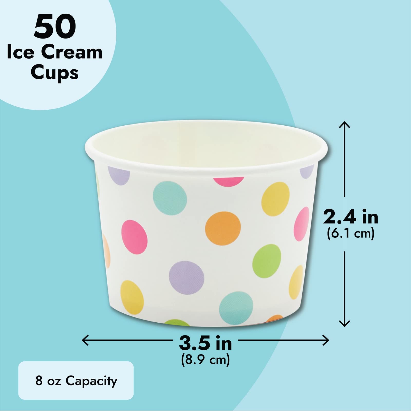 BLUE PANDA 50 Pack Rainbow Polka Dot Paper Ice Cream Cups, Dessert Bowls for Sundae Bar, Frozen Yogurt (8 oz)