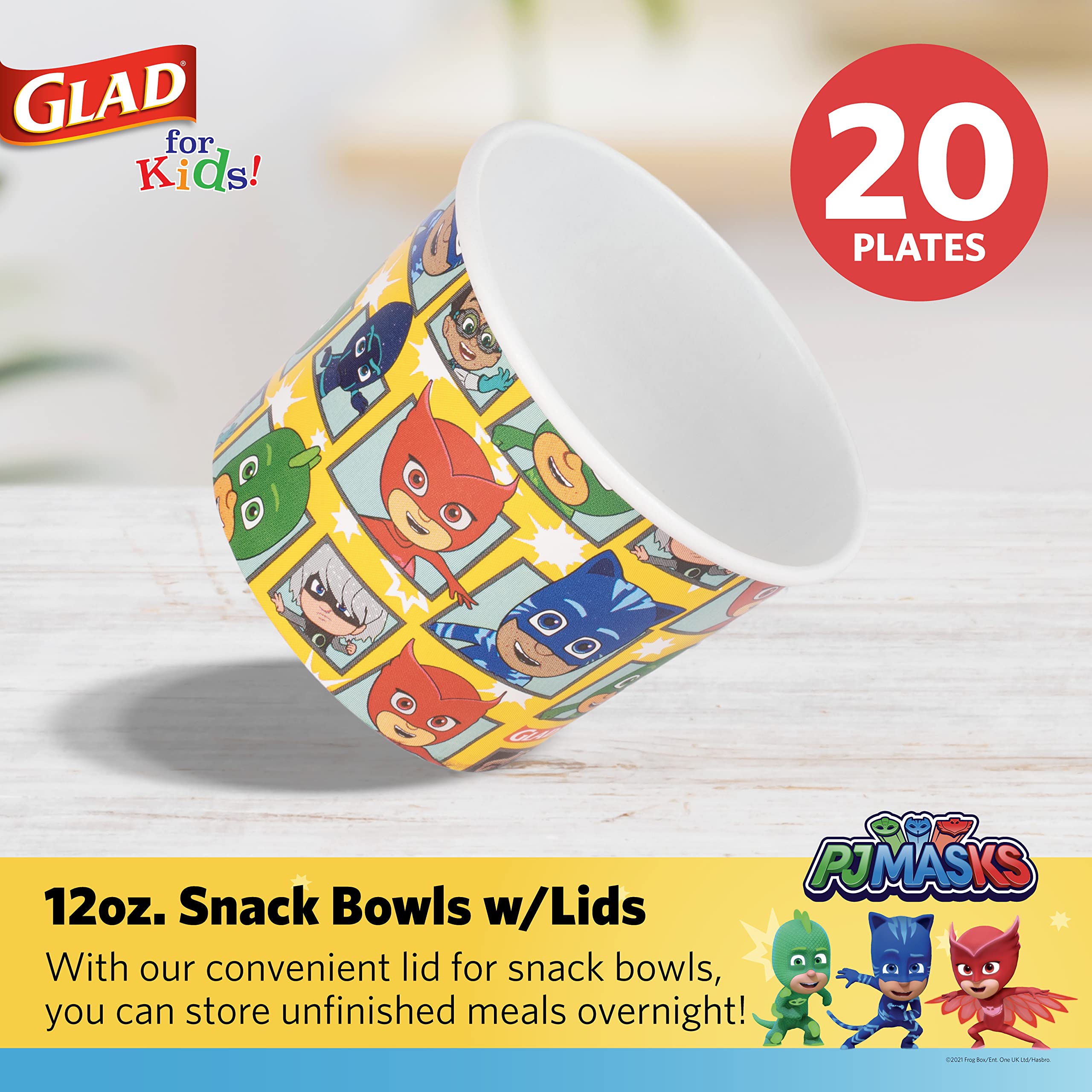 Glad for Kids 12 oz PJ Masks Comics Paper Snack Bowls with Lids, 20 Ct | Disposable Paper Bowls with Lid with PJ Masks Superhero Comics Design | Kids Snack Bowls for Everyday Use