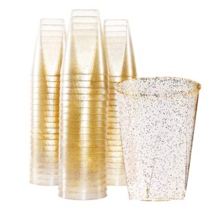 bucla 100pack gold glitter plastic cups-12oz plastic square cups-wedding/party disposable cups-premium disposable tumblers for thanksgiving party