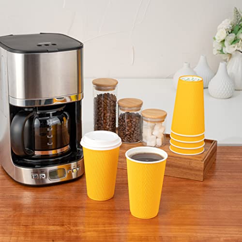 Restaurantware 16 Ounce Disposable Coffee Cups 500 Ripple Wall Hot Cups For Coffee - Lids Sold Separately Rolled Rim Yellow Paper Insulated Coffee Cups For Hot Coffee Tea And More