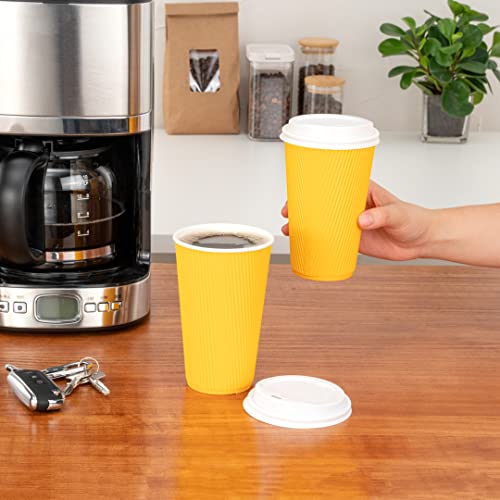 Restaurantware 16 Ounce Disposable Coffee Cups 500 Ripple Wall Hot Cups For Coffee - Lids Sold Separately Rolled Rim Yellow Paper Insulated Coffee Cups For Hot Coffee Tea And More