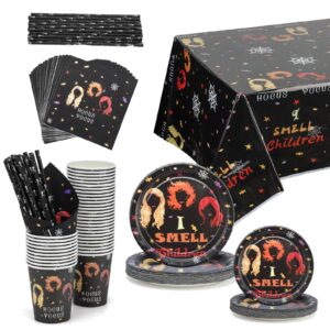 halloween hocus pocus party decorations supplies tableware - include dinner plates, cups, napkins, tablecloth, straws for halloween hocus pocus witch birthday baby shower party supplies - serve 24