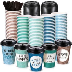 gerrii 100 pack disposable coffee cups with lids and straws, motivational paper cups with 6 quotes and designs disposable hot cups for water, juice, coffee, tea, home, shop cafe (cool style,12 oz)