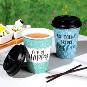 Gerrii 100 Pack Disposable Coffee Cups with Lids and Straws, Motivational Paper Cups with 6 Quotes and Designs Disposable Hot Cups for Water, Juice, Coffee, Tea, Home, Shop Cafe (Cool Style,12 oz)