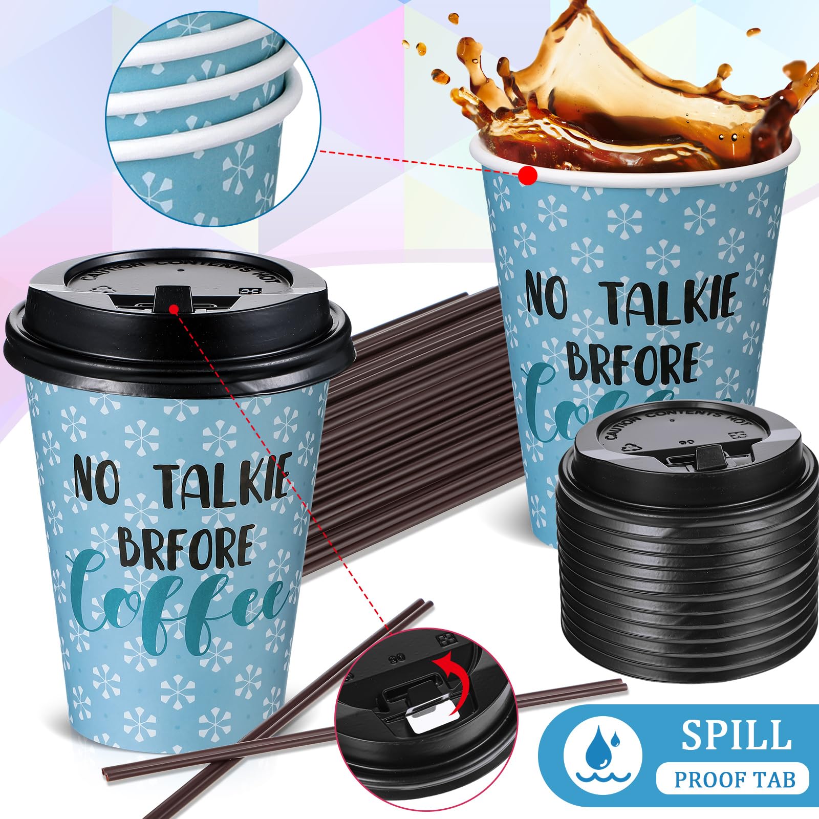 Gerrii 100 Pack Disposable Coffee Cups with Lids and Straws, Motivational Paper Cups with 6 Quotes and Designs Disposable Hot Cups for Water, Juice, Coffee, Tea, Home, Shop Cafe (Cool Style,12 oz)