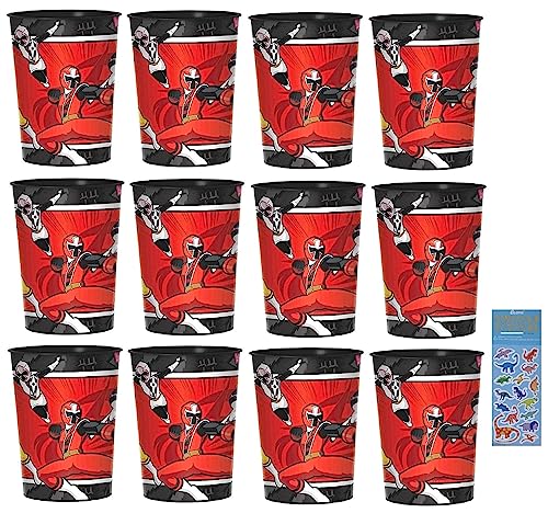 Amscan Power Rangers Birthday Party Supplies Bundle includes 12 Plastic Reusable Cups and 1 Dinosaur Sticker Sheet