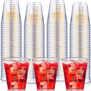 roshtia 100pcs 21st birthday shot glass finally 21 plastic shot glass disposable shot glass 2 oz sample cup clear plastic shot cup for him her celebrate twenty one 21st birthday party supplies (gold)