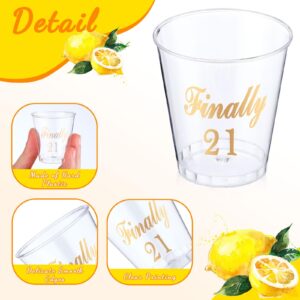 Roshtia 100Pcs 21st Birthday Shot Glass Finally 21 Plastic Shot Glass Disposable Shot Glass 2 oz Sample Cup Clear Plastic Shot Cup for Him Her Celebrate Twenty One 21st Birthday Party Supplies (Gold)