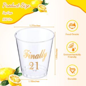 Roshtia 100Pcs 21st Birthday Shot Glass Finally 21 Plastic Shot Glass Disposable Shot Glass 2 oz Sample Cup Clear Plastic Shot Cup for Him Her Celebrate Twenty One 21st Birthday Party Supplies (Gold)