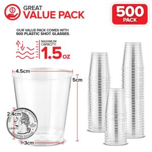 Stock Your Home 1.5 oz Shot Glasses - 500 Mini Plastic Shot Glasses (1.5oz) Clear Disposable Cups for Jello Shots, Wine Tasting, Liquor, Whiskey, Pudding, Sample Cup for Halloween and Elegant Parties