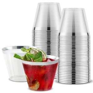 stock your home 9 oz silver-rim disposable plastic cups (100 pack) elegant tumblers glasses for parties, weddings, holidays, dessert tumbler, bulk drinking cup for fruit punch, cocktails, wine