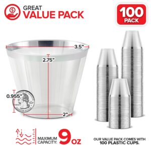 Stock Your Home 9 oz Silver-Rim Disposable Plastic Cups (100 Pack) Elegant Tumblers Glasses for Parties, Weddings, Holidays, Dessert Tumbler, Bulk Drinking Cup for Fruit Punch, Cocktails, Wine