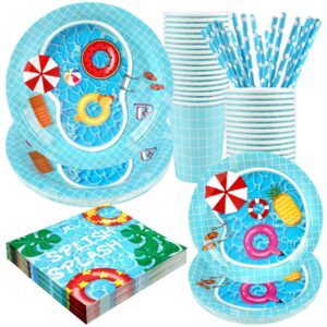 pool party supplies decorations, disposable summer kids birthday paper plates and napkins set with cups and straws for 24 guests, 120 pcs beach party dessert dinnerwares