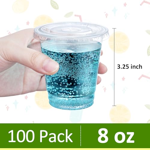 Eupako 8 oz Plastic Cups with Lids 100 Sets, Disposable Clear Cups with Lids, Cold Drink Containers for Beverage, Parfait, Smoothie