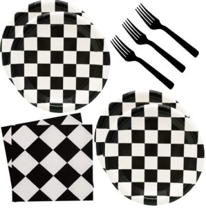 60pcs black and white checkered race car party supplies,racing themed tableware set 7"racing dessert paper plates and napkins,fork for kids car sports race car themed birthday party decor (car set)