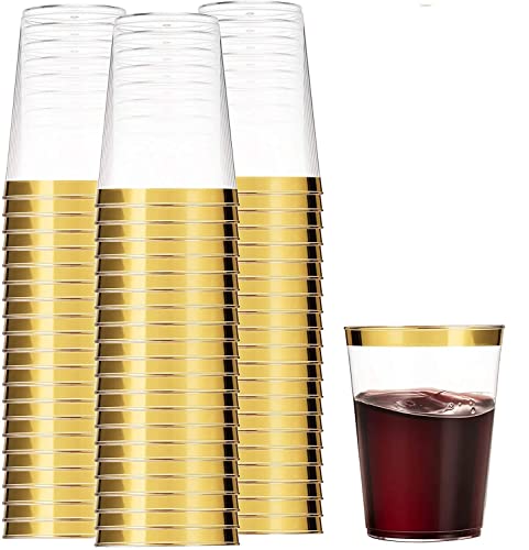 Munfix 100 Gold Plastic Cups 16 Oz Clear Plastic Cups Tumblers Gold Rimmed Cups Fancy Disposable Wedding Cups Elegant Party Cups with Gold Rim